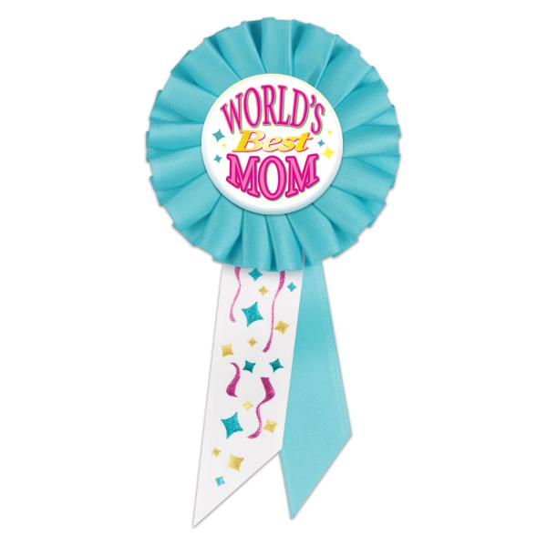 ・WORLD'S BEST MOM ROSETTE DESIGN: Features blue award-style ribbon rosettes with bold lettering and decorative ribbon ta...