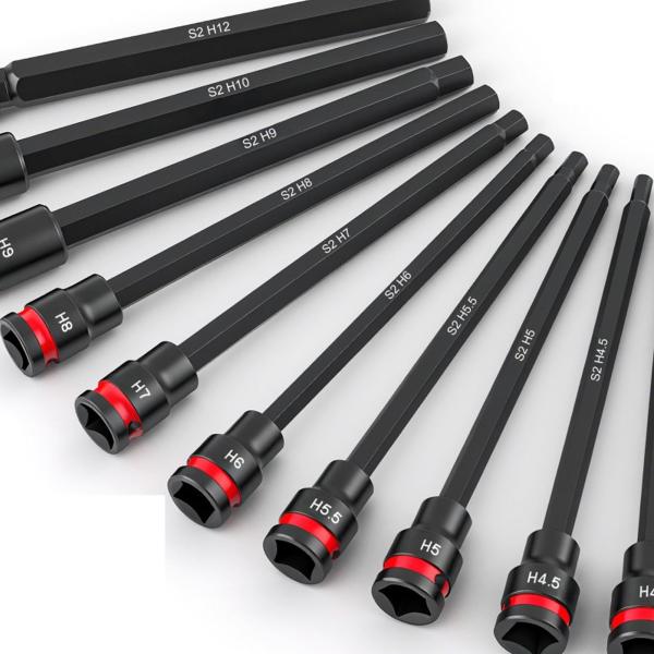 全長150mmのロングインパクトヘックスビットソケット20本組。差込角3/8インチ対応でS2合金鋼製。SAEインチ（1/8〜7/16インチ）とミリ（3〜12mm）の両規格を網羅し、障害物のある奥まった場所にも届く延長設計。リン酸塩黒染め処理...