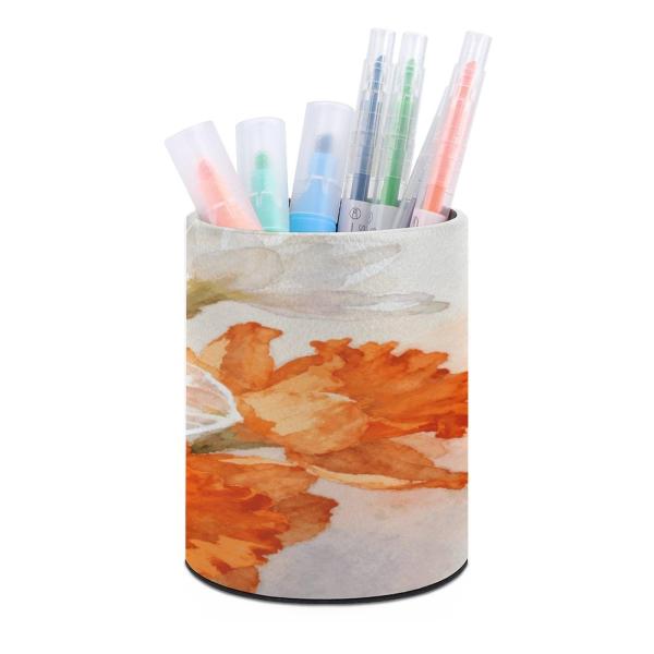 ・White Orange Floral Pencil Holder Sleek PU Leather Wrap with Sturdy Core - Featuring a smooth PU leather exterior over ...