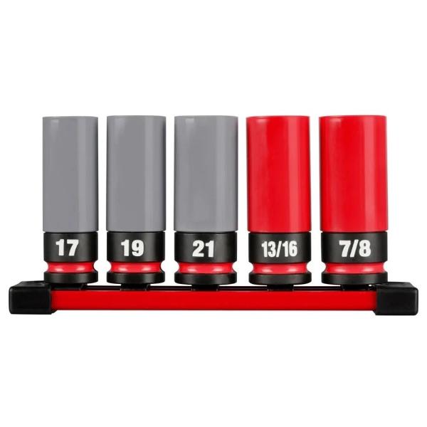Milwaukee 49-66-7831互換の1/2インチ差込角ホイールラグナットソケットセット5点、SAE・ミリ兼用。スリーブ取り外し可能な薄肉設計でタイヤ交換時の狭いホイール内にも対応。ノンスリップ6角ジオメトリでソケット・ファスナーの...