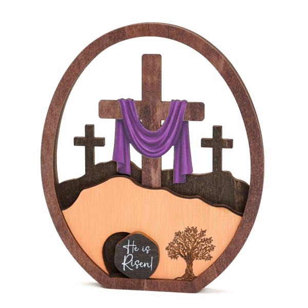 ・?? CELEBRATE THE TRUE MEANING OF EASTER This wooden Easter egg decor features a cross draped with white cloth and the m...