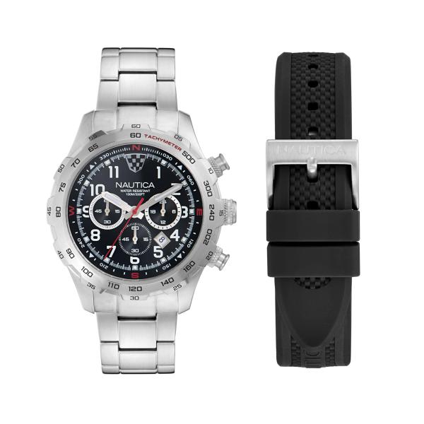 ・Silver Tone 46mm recycled (90%) stainless steel case with mineral glass crystal.・Black dial chrono movement with date a...
