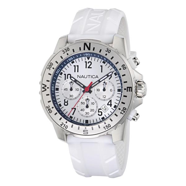 ・Silver tone 45mm recycled (90%) stainless steel case with mineral glass crystal.・White dial chrono movement with date a...
