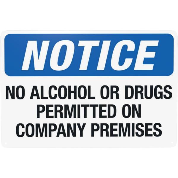 「No Alcohol Or Drugs Permitted On Company Premises（会社敷地内でのアルコール・薬物使用禁止）」の英語警告文入りアルミメタルサイン。サイズは約20×30cm（8×12インチ）。100%アルミ製...