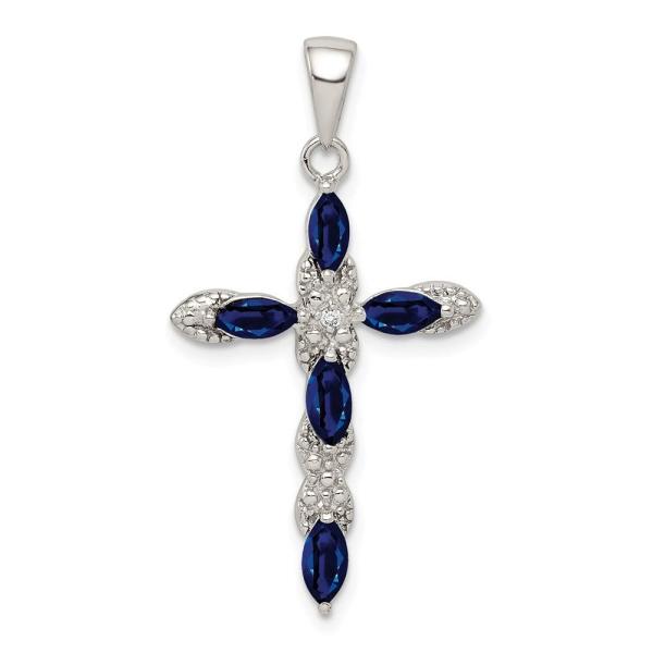 商品名:  925 Sterling Silver Polished Prong set Open back Sapphire and Diamond Religious Faith Cross Pendant Necklace Measu...