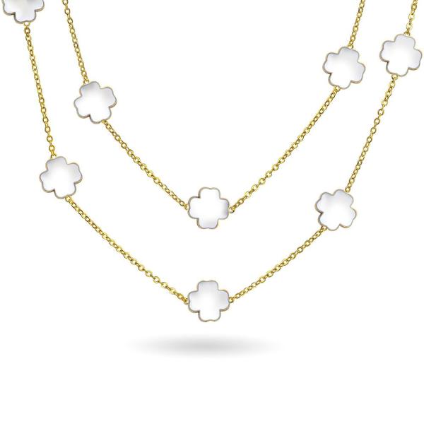 商品名: [Bling Jewelry] 白い花ロングシルバーメッキパール化エナメルステーションチェーンラップレイヤークローバーネックレス女性用40インチ Bling Jewelry White Flower Long Silver Pla...