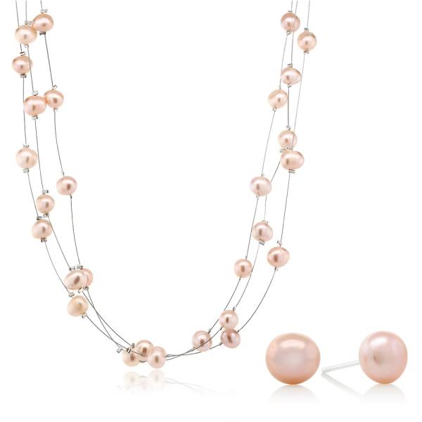商品名: [Gem Stone King] ピンク 淡水養殖真珠 ネックレス＆ピアスセット Gem Stone King 3-Row 7-8MM Pink Cultured Freshwater Pearl 18 Inch Necklace...
