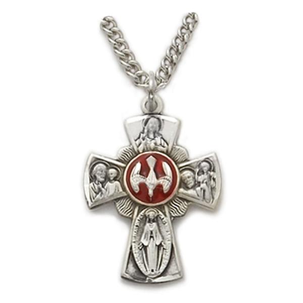 商品名: スターリングシルバー赤エナメル手Engraved Five Wayメダル、7 / 8インチ True Faith Jewelry Sterling Silver 5 Way Medal Cross Medal Pendant Ne...