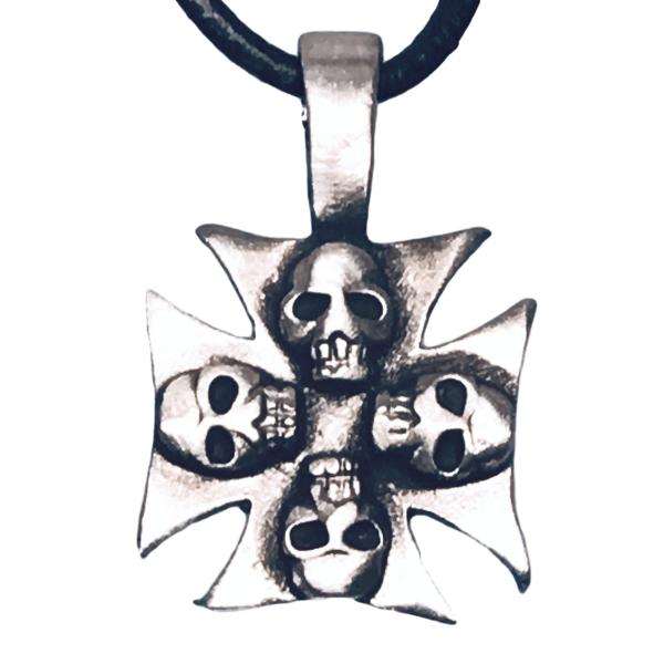 商品名: ピューターIron Cross with Skullsペンダントレザーネックレス Trilogy Jewelry Pewter Iron Cross with Skulls Pendant on Leather Necklaceブ...