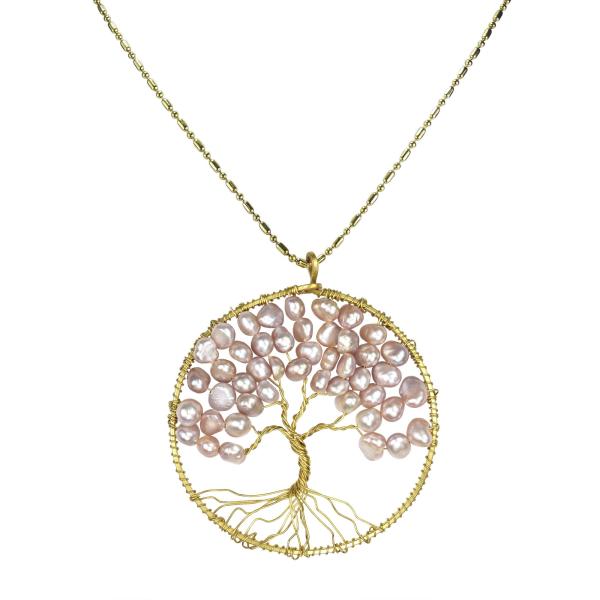 商品名: AeraVida 養殖淡水ピンクパール 永遠の生命の樹 真鍮ロングネックレス メダリオンセット | 女性用メダリオンネックレス | 女性用ホワイトパールネックレス, パール AeraVida Exquisite Cultured ...