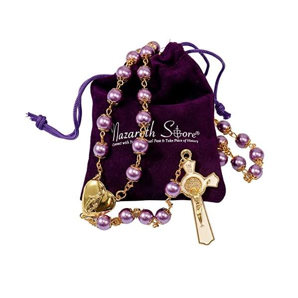 商品名: Nazareth Store パープルパール 8mm ビーズ ロザリオ ネックレス ゴールド 祈り チャプレット 奇跡のオープンアップ ロケット センターピース メダル ホワイトエナメルクロス, 2XL, ガラス, 宝石なし Na...