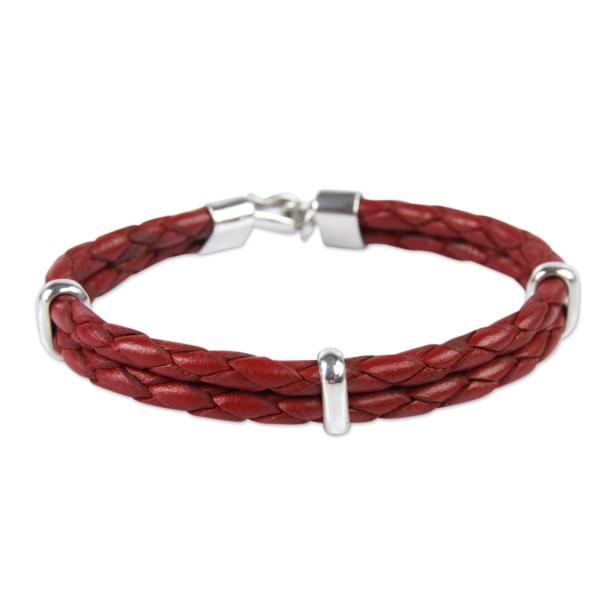 商品名: Novica。925スターリングシルバーレザーメンズブレスレット、8.75 " 'レッドFurrows ' NOVICA .925 Sterling Silver Leather Men's Bracelet, 8.75" 'Re...