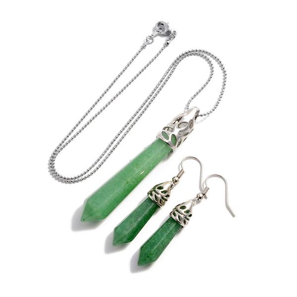 商品名: 天然ジェムストーン 六角形 尖ったレイキ チャクラ ペンダント ネックレスとイヤリングセット グリーンアベンチュリン AD Beads Natural Gemstones Hexagonal Pointed Reiki Chakr...