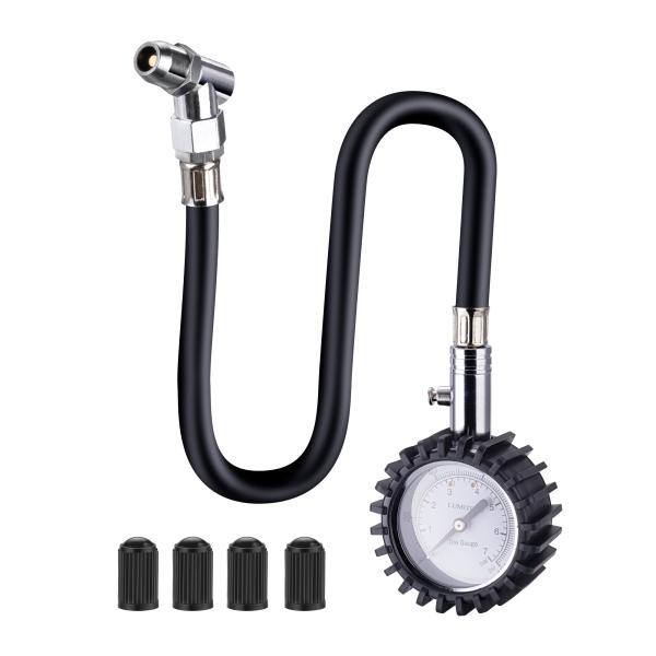 商品名: 2インチの正確なダイヤルタイヤ空気圧ゲージ、車、オートバイ、60PSI、45度拡張ヘッド(4つのフリーバルブキャップ)とブラックホース。 2" Accurate Dial Tire Pressure measurers Gauge...