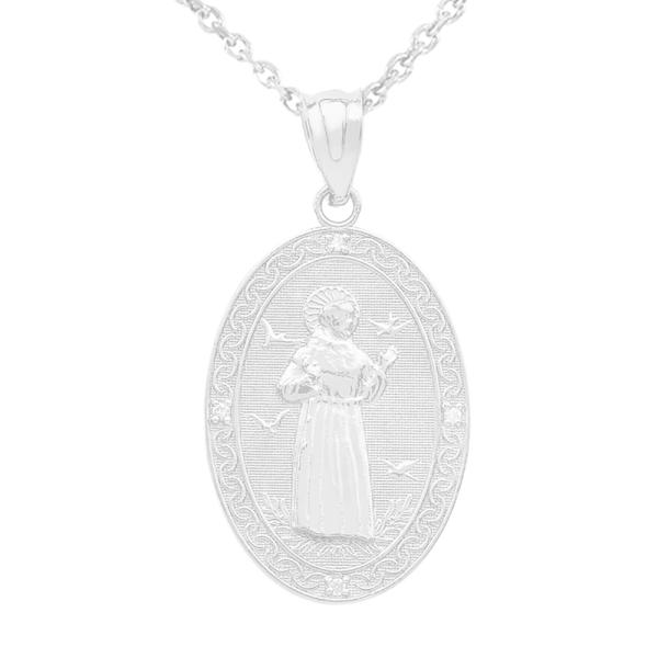 商品名: スターリングシルバーSaint Francis of Assisi CZオーバルメダルチャームネックレス(Medium) シルバー Sterling Silver Saint Francis Of Assisi CZ Oval M...