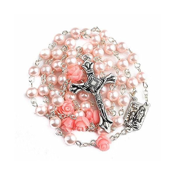 商品名: Nazareth Store カトリックピンクパールビーズ Nazareth Store Catholic Pink Pearl Beads Rosary Necklace Our Rose Flowers, Lourdes Me...