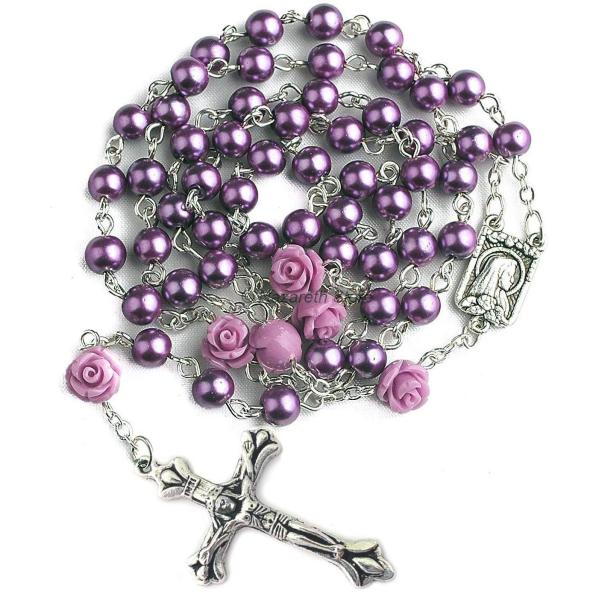 商品名: カトリックパープルパールビーズロザリオネックレス 6ピース Our Rose Lourdes メダル&amp;クロス NS Nazareth Store Catholic Purple Pearl Beads Rosary Nec...