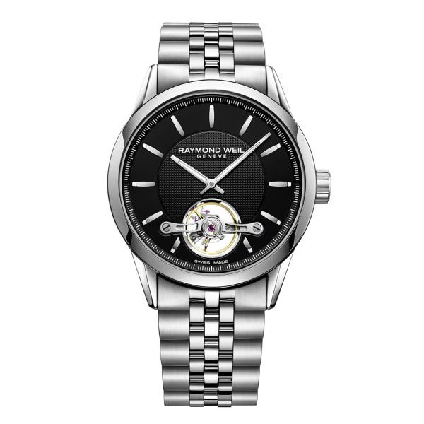 商品名: RAYMOND WEIL Freelancer メンズ 自動巻き腕時計 Calibre RW1212 ブラックダイヤル シルバーインデックス 可視バランスホイール ステンレススチールブレスレット 42.5mm (モデル:2780-...