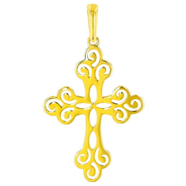 商品名: ソリッド14 Kゴールドフィリグリーシンプルオーソドックスクロスチャームペンダント Solid 14k Yellow Gold Open Filigree Design Orthodox Cross Pendant (Medium...