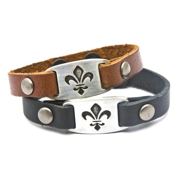 商品名: Dillon Rogers " Fluer De Lis "???Woman 'sレザーブレスレットwithメタルi.d.スタイルチャーム???ブラックorブラウン ブラック Dillon Rogers " Fluer de li...