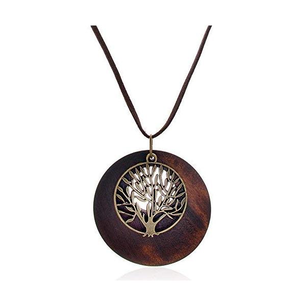商品名:  SIVITE Vintage Bronze Tree of Life with Wood Pendant Necklace Long Leather Chain Wooden Necklace for Womenブランド: SI...