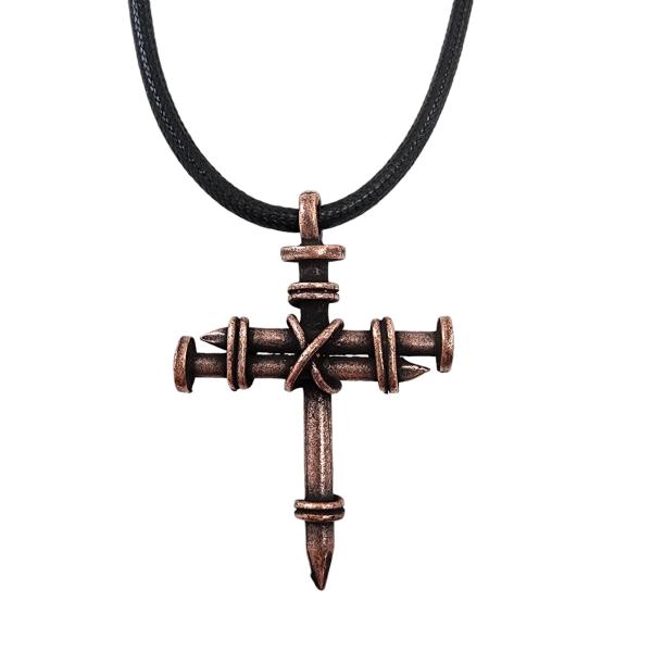 商品名: ピューターネイルクロスネックレス銅 Forgiven Jewelry Wire Wrapped Three Nails Antique Copper Cross Pendant Black Cord Necklaceブランド: F...