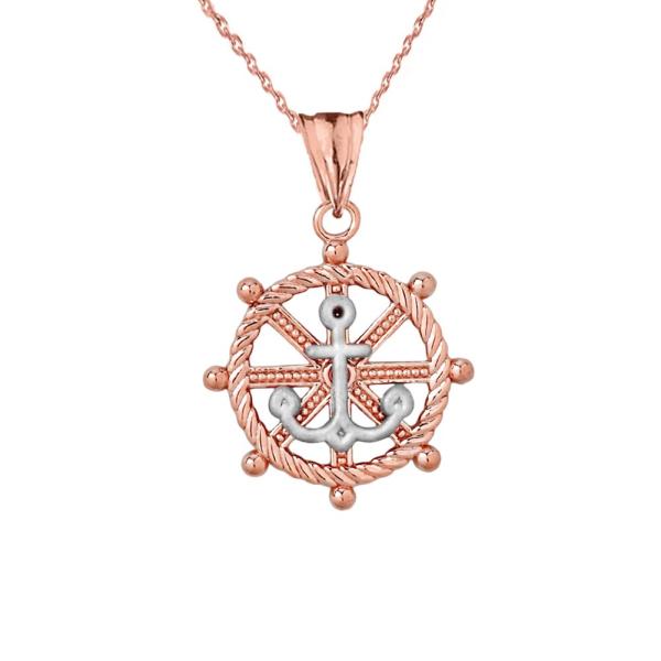 商品名: Fine Ship's Roped Helm and Anchor チャームペンダントネックレス 14k ツートーン ローズゴールド Sea Life Collection Fine Ship's Roped Helm and A...