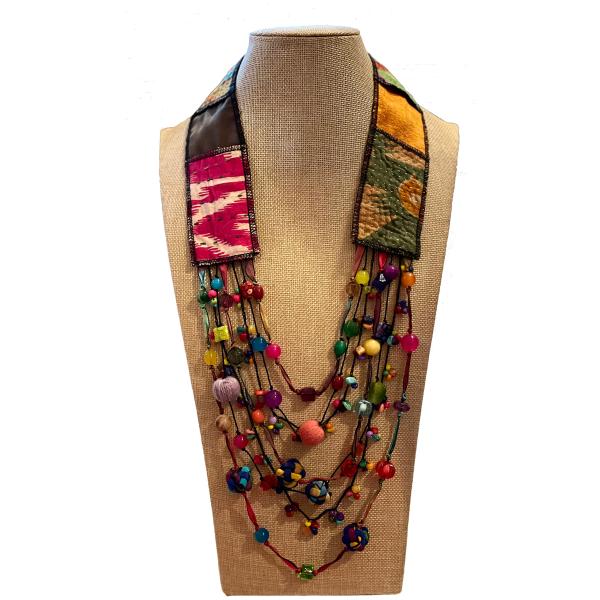 商品名:  Women's Kantha Quilted Cotton Sari Fabric Skinny Scarf Necklace with Non-Precious Bead Accents -Recycled Vintage F...