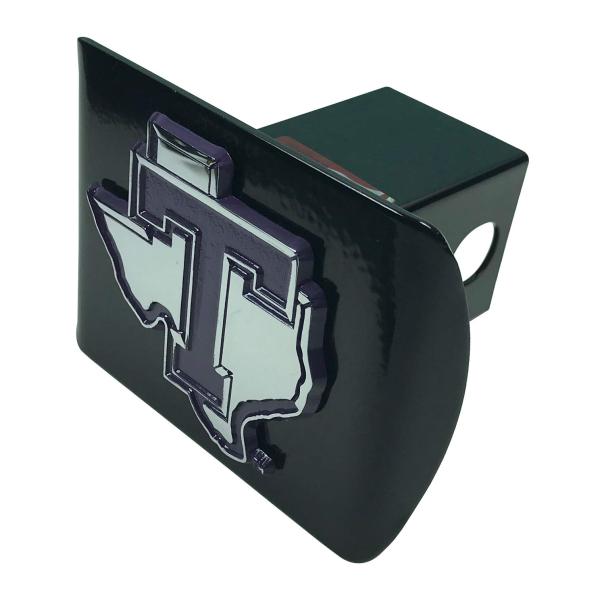 商品名: ターレットン ステート テキサンズ メタルエンブレム (パープルトリム付き) ブラックメタルヒッチカバー Tarleton State Texans Metal Emblem (w/Purple Trim) on Black Me...