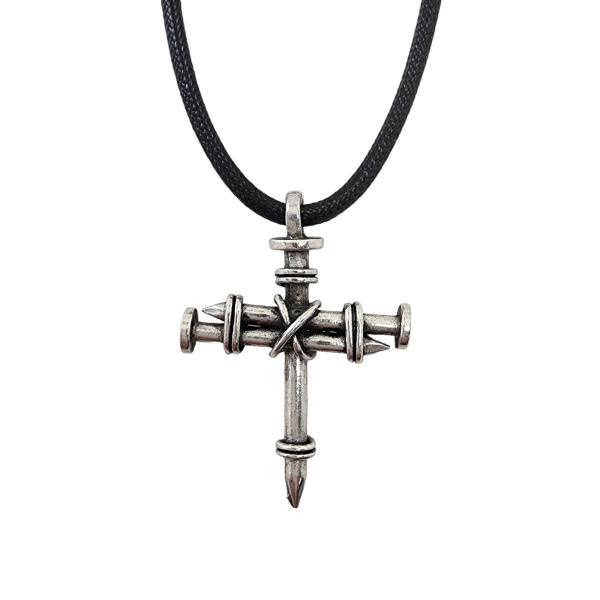商品名: Forgiven Jewelry ピューターネイルクロスネックレス アンティークシルバー FORGIVEN JEWELRY Wire Wrapped Three Nails Antique Silver Metal Cross P...