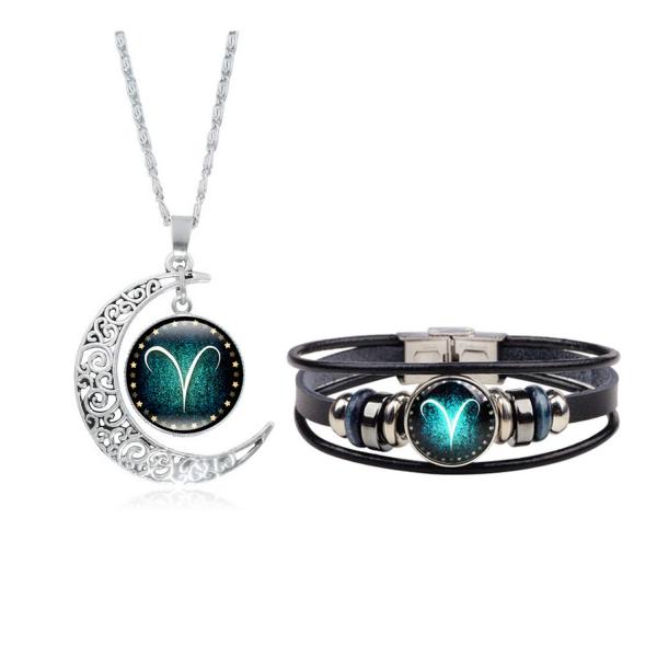 商品名: CHUYUN ファッション12 12星座 手編みレザーブレスレットとムーンペンダントネックレス ゾディアックサインジュエリーセット Dcfywl731 Aries Zodiac Necklace Bracelet Fashion ...