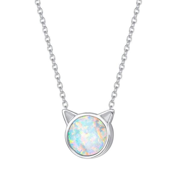 商品名: FANCIME スターリングシルバー 猫/ユニコーン/エレファントネックレス ホワイト人工オパール かわいいペンダントネックレス 小さなドットラウンドディスク ファインジュエリー レディース ガールズ 16+2インチのエクステンダ...
