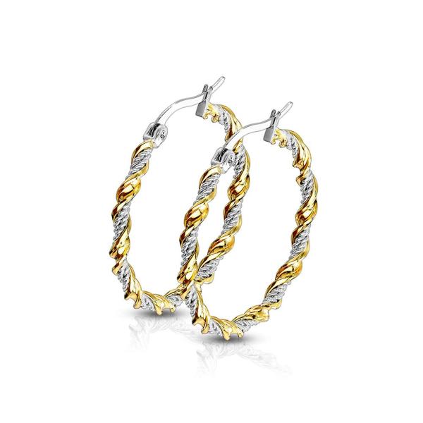 商品名: Dynamique 編み込み 316L ステンレススチール &amp; ゴールド IP ツイスト フープ イヤリング ペア Dynamique Pair of Braided 316L Stainless Steel &amp; ...