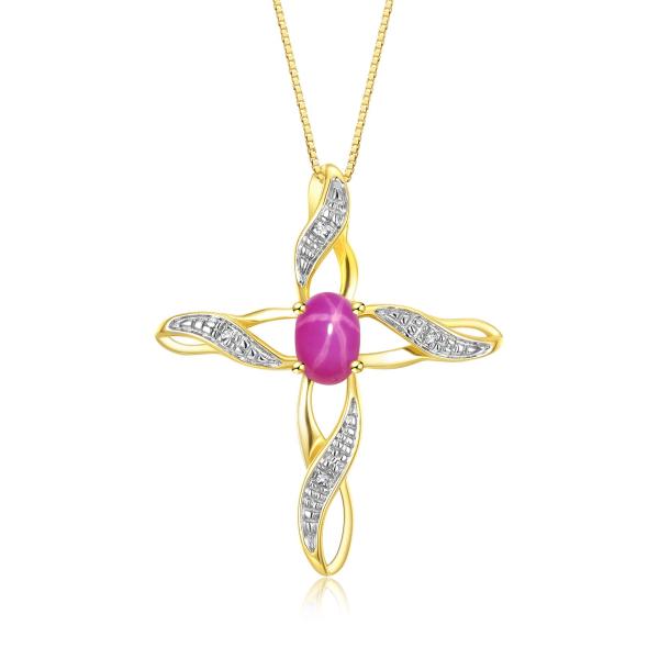 商品名: ダイヤモンド&amp;スタールビークロスペンダントネックレスセット黄色でゴールドメッキシルバー。925 with 18 "チェーン Rylos Cross Color Stone Necklace Red Star Ruby &a...