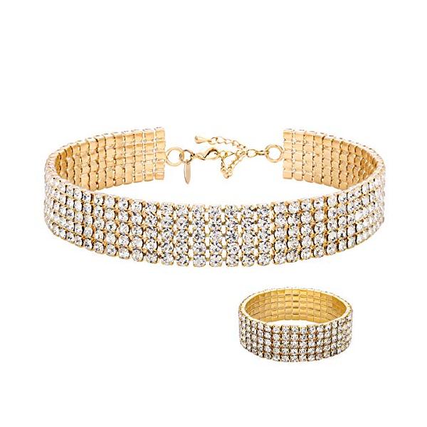 商品名: Zealmer ラインストーンチョーカーネックレス レディース 16Kゴールドメッキ Zealmer 5 Row Rhinestone Choker Necklace &amp; Stretch Bracelet for Wome...