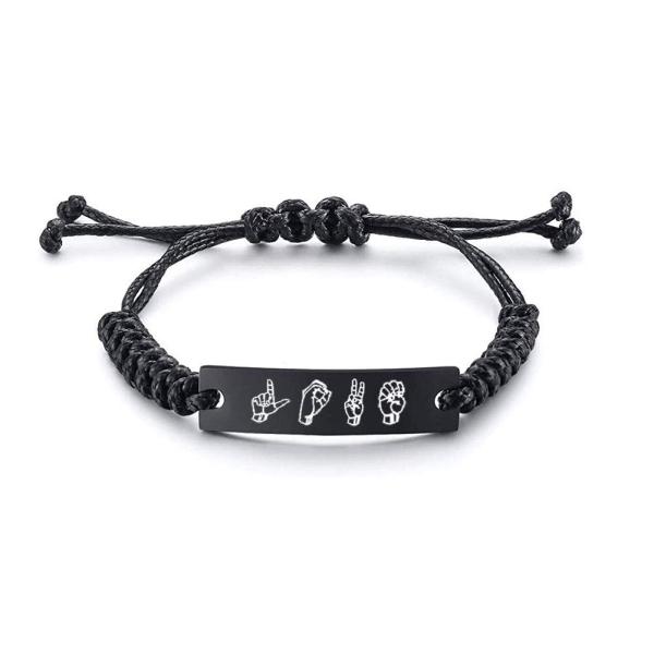 商品名: ASLネームバーレザーブレスレット カスタム手話 デスフジュエリー 通学 ティーン向けギフト リストバンド カスタマイズ可 Personalized ASL Name Bar Leather Bracelet Custom Sig...