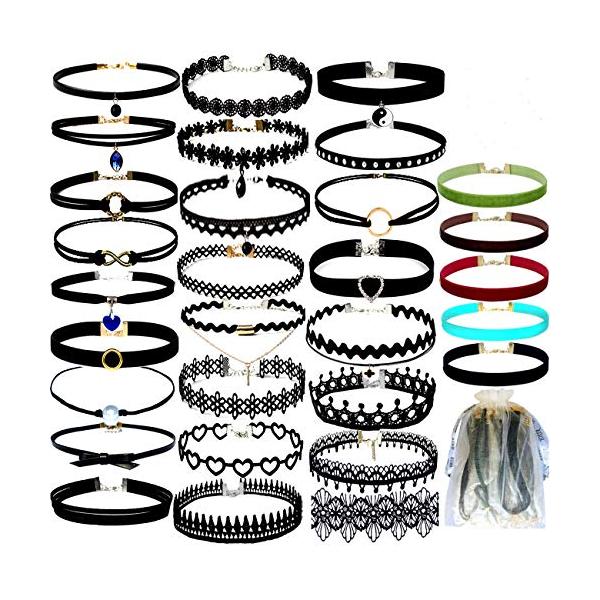 商品名: 30ピース ブラックチョーカーネックレスセット レディース ベルベットチョーカーセット クラシック レースタトゥーチャーム ガールズ ストレッチネックレス 30 Pcs Black Choker Necklaces Set Wom...