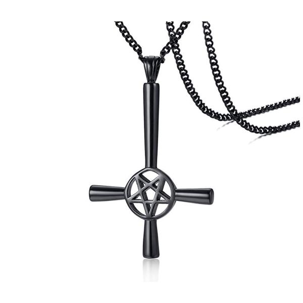 商品名: サタン 宗教 メンズ ペンタグラム 星 ピューター ウィッカン ネックレス 逆さま 逆さま 十字架 悪魔風ペンダント 23.5インチチェーン, ステンレス鋼 Satan Religious Men Pentagram Star P...