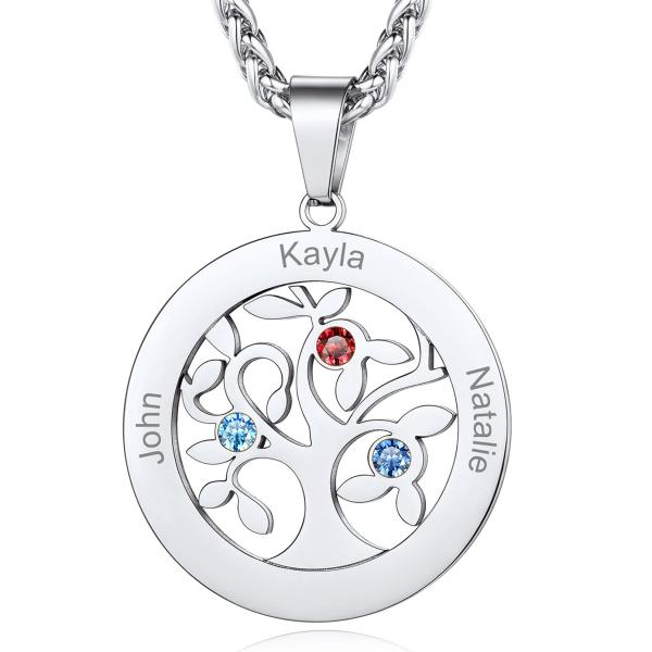 商品名:  Personalized Tree of Life Necklace with Birthstone - Stainless Steel Family Mother's Pendant Engraved 3 Names of K...