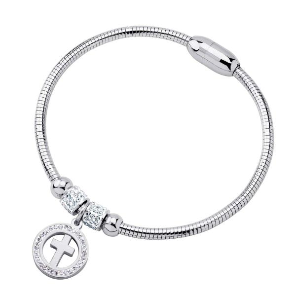 商品名: 555Jewelry スネークチェーン キュービックジルコニア クロスチャーム ブレスレット 女性用 磁気クラスプ シルバー 555Jewelry Stainless Steel Flexible Snake Chain Cubi...