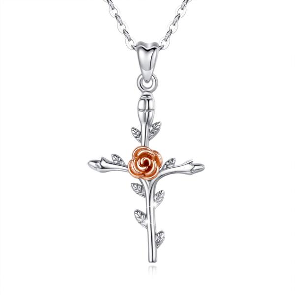 商品名: INFUSEU スターリングシルバー ローズフラワー クロスハートペンダントネックレス I Love You Forever CZ ツートンジュエリー レディース ガールズ ギフト 18インチチェーン 20mm シルバー INFU...