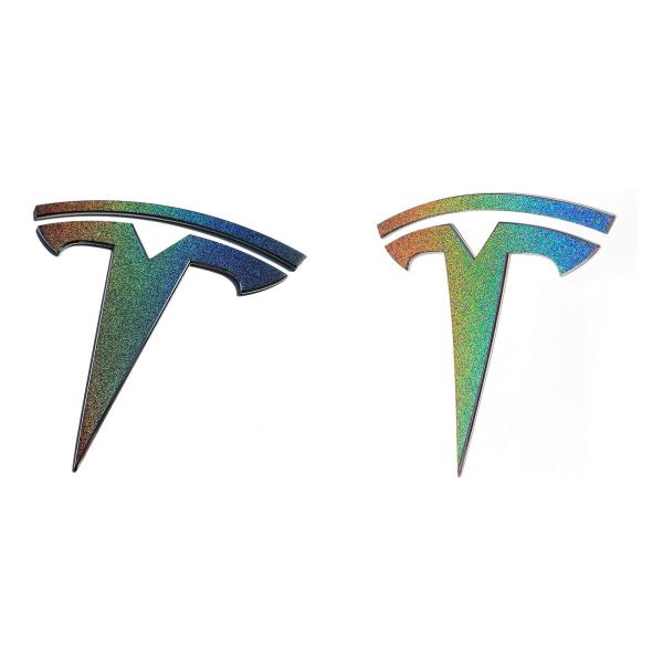 商品名: カスタムカット グラフィック ロゴ デカール ラップ テスラモデル Y用、4点セット(グロス フリップ サイケデリック - シルバー/レインボー) Custom Cut Graphics Logo Decal Wrap for T...