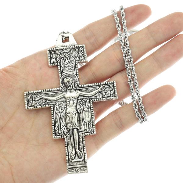 商品名:  RechicGu Vintage Silver Saint St Francis of Assisi 3.3in Tau San Damiano Cross Necklace Catholic Crucifix Giftブランド...