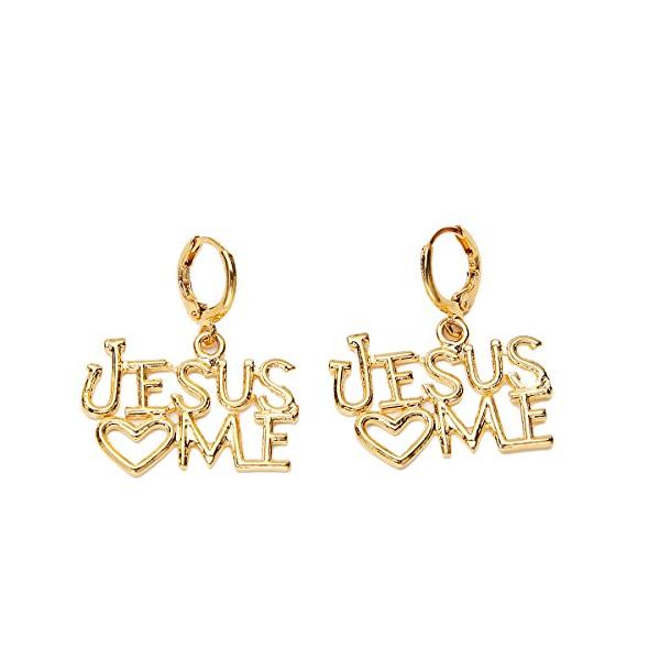 商品名: Jesus Love Me ハートイヤリング メンズ レディース ゴールドカラー キリスト 救世主 救世主 救世主 デリバリーイヤリング ジュエリー, 真鍮, NA Jesus Love Me Heart Earrings For...