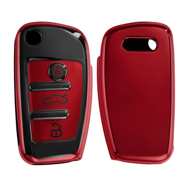 商品名: kwmobile 対応: アウディ 3-ボタン 折りたたみキー キーケース - キーカバー 鍵カバー TPU 光沢仕上げ - 車鍵 耐衝撃 保護 光沢 ブラック/光沢 赤色 kwmobile Key Cover Compatibl...