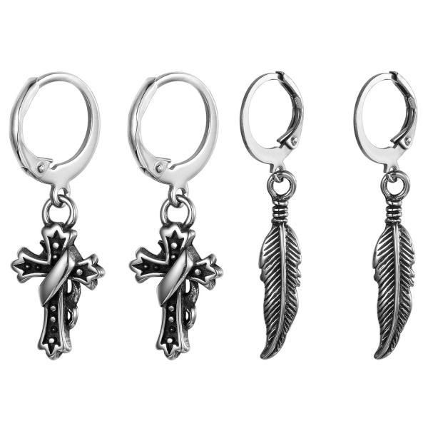 商品名:  Rofusn 4PCS Gothic Feather Leaf and Cross Dangle Hoop Earrings for Men Womens, Vintage Stainless Steel Hinged Hoop...