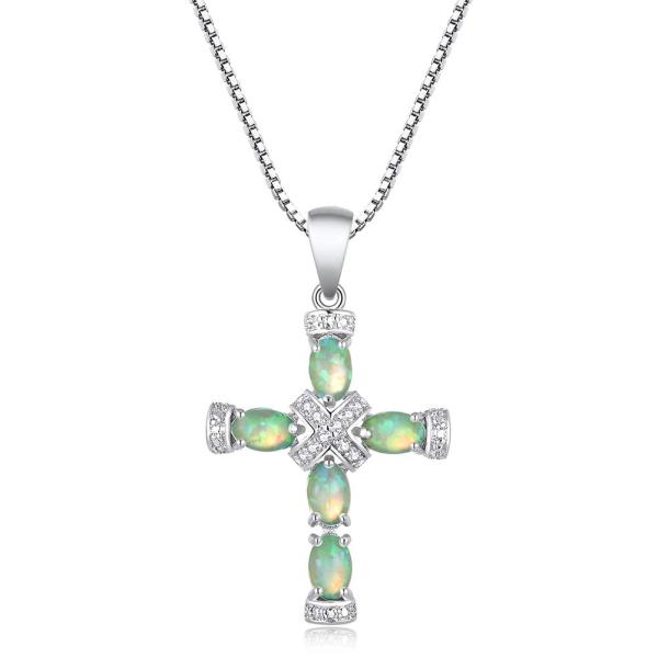 商品名: FEELDAN ゴールドメッキ ボックスチェーンネックレス ファイアーオパール プロングセッティング 誕生石 クロスペンダント, 金メッキ, 合成オパール FEELDAN White Gold Plated Box Chain N...