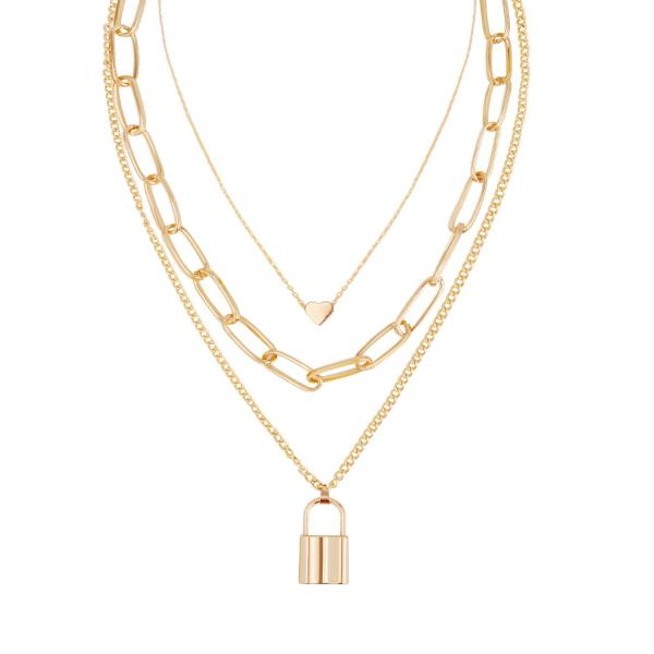 商品名: ロックチェーンネックレス エガールチェーン ステートメントロックキーペンダントネックレス シルバーセット Eboy ロングマルチレイヤーチェーン パンクチョーカー 2セット (5層) ゴールド Sinvini Lock Chain...