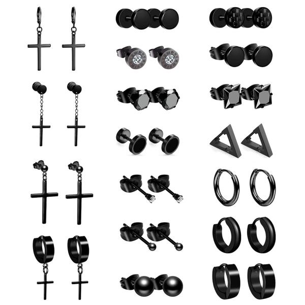 商品名:  Aroncent 18 Pairs Stainless Steel Black Earrings for Men Black Stud Hinged Hoop Earrings Long Chain Cross Earrings...