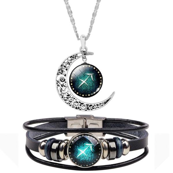 商品名: HUASAI 12星座 手編みレザーブレスレットとムーンペンダントネックレス 星座ジュエリーセット HUASAI Sagittarius Necklace Bracelet 12 Twelve Constellations Han...